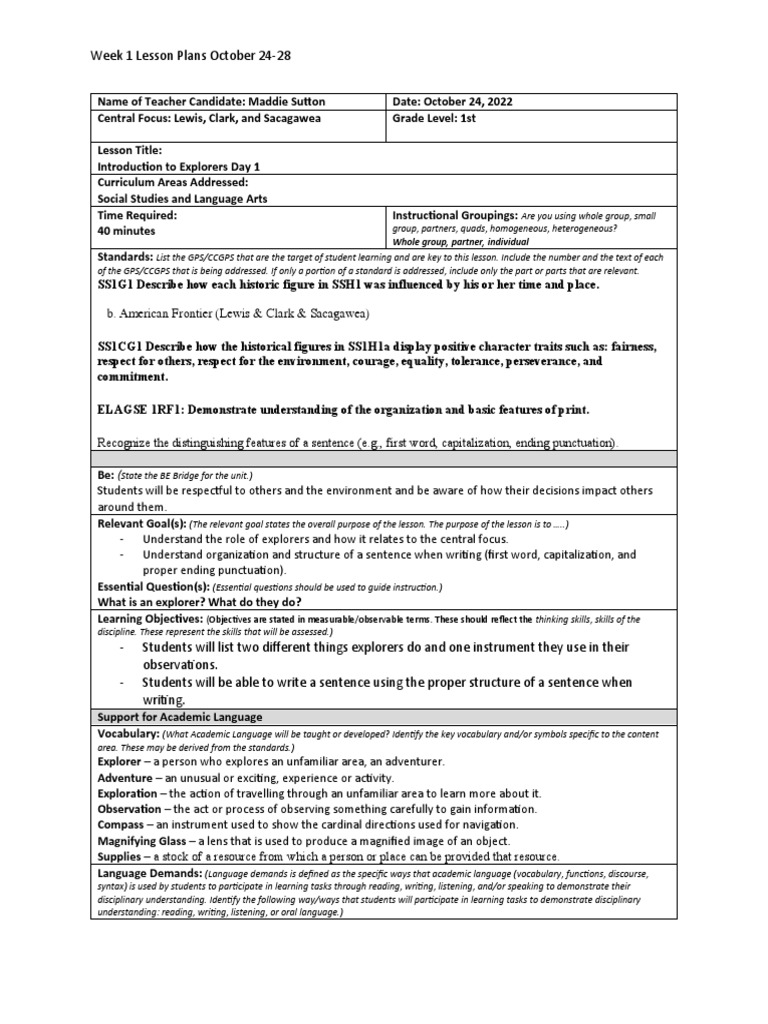 Lewis and Clark: 1st Grade Lesson Plan | PDF | Educational Assessment ...