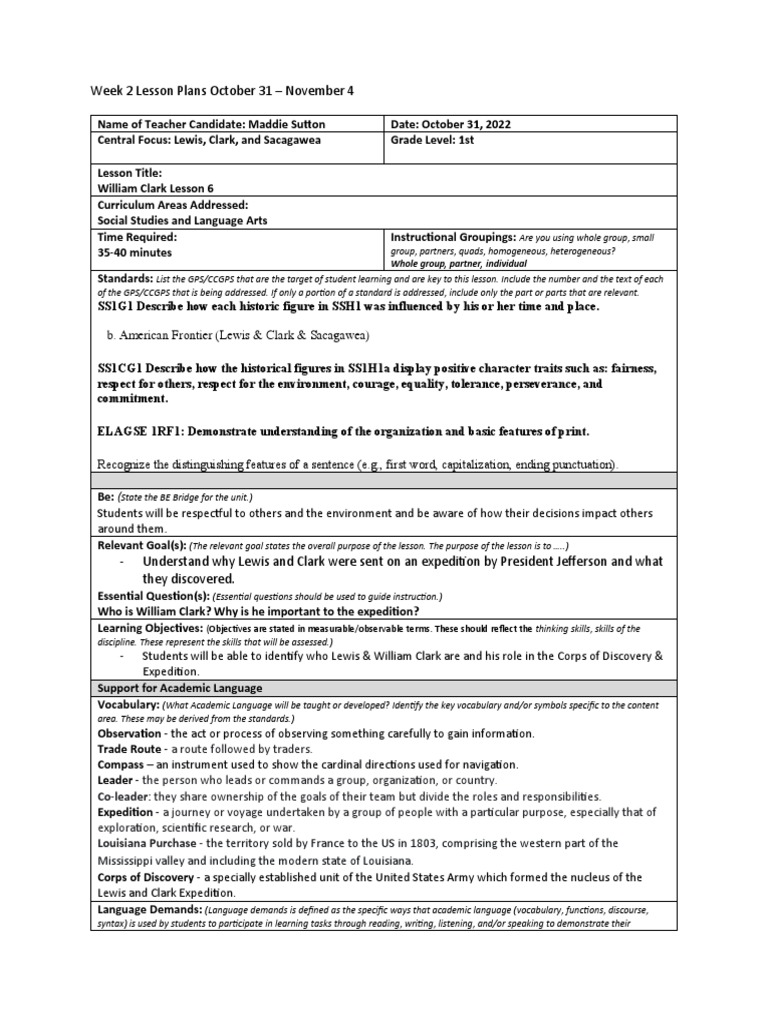 1st Grade Lesson Plan: William Clark | PDF | Educational Assessment ...