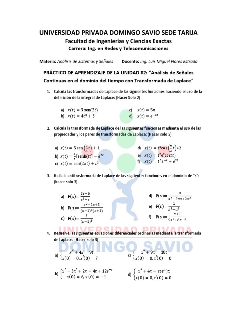 2do Práctico Señales y Sistemas UPDS | PDF | Transformada de Laplace | Análisis matemático