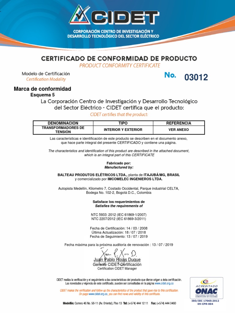 CERTIFICADO Conformidad Trafo Tension CIDET - 03012 - BALTEAU - TP'S - VFI-15-36 | Descargar ...