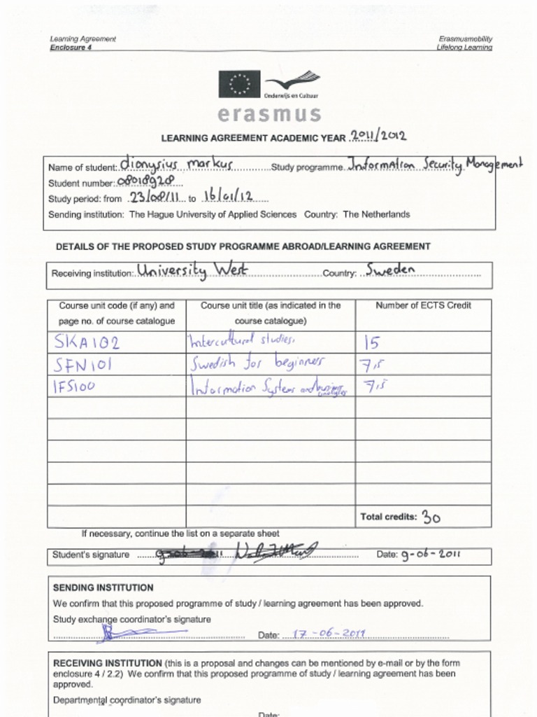 Erasmus Learning Agreement Details | PDF | Foreign Language Studies
