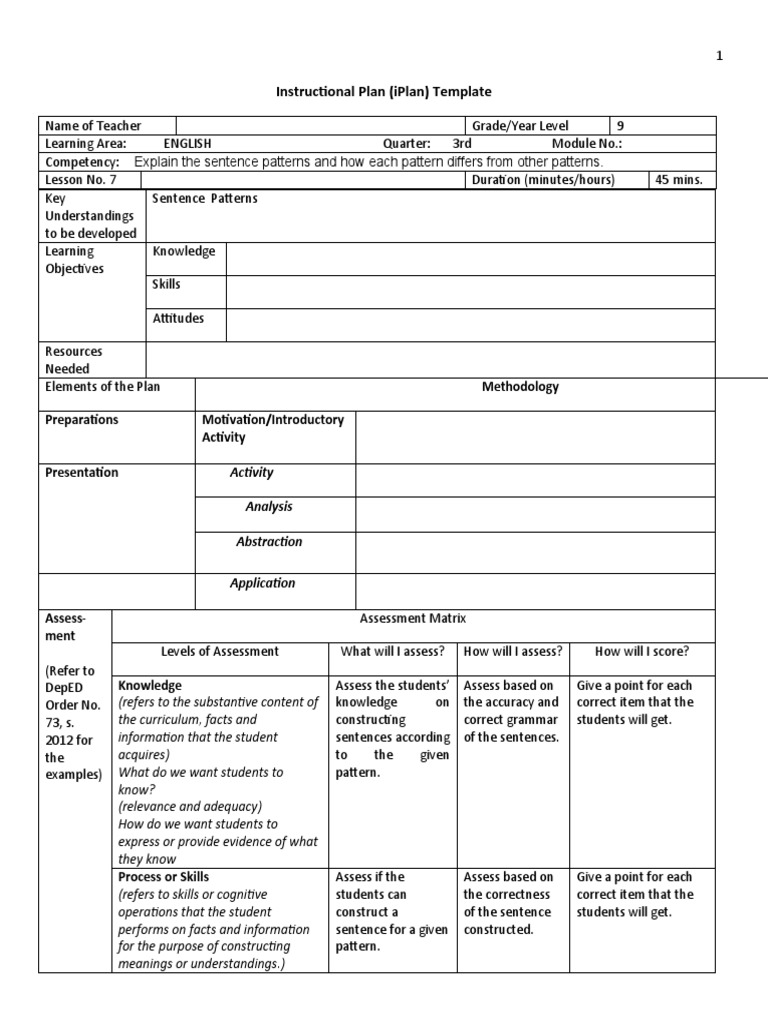iPlan Template for English Lesson 7 | PDF | Understanding | Educational ...