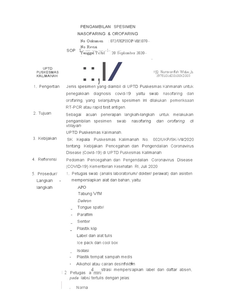 Sop Pengambilan Spesimen Nasofaring Dan Orofaring | PDF