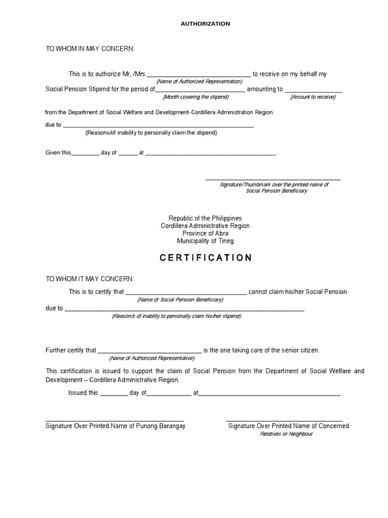 Authorization Letter for Social Pension | PDF | Finance & Money Management