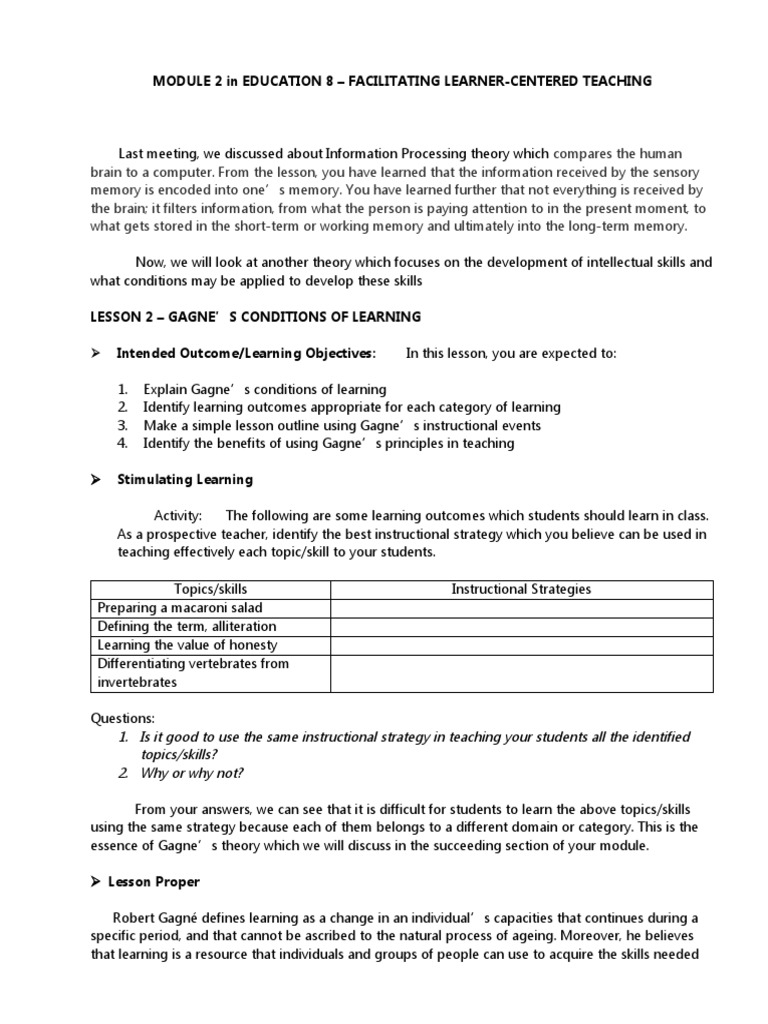 Module On Gagne's Conditions of Learning | PDF | Learning | Recall (Memory)