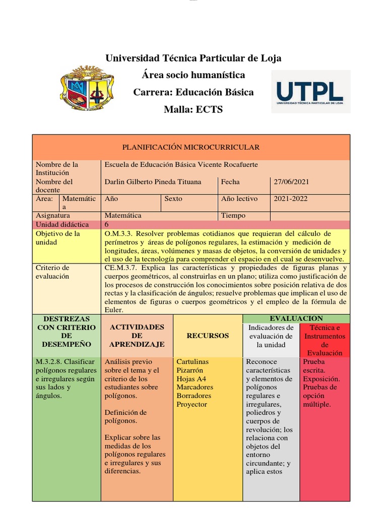 Planificacion Microcurricular 1 Pdf Geometría Evaluación