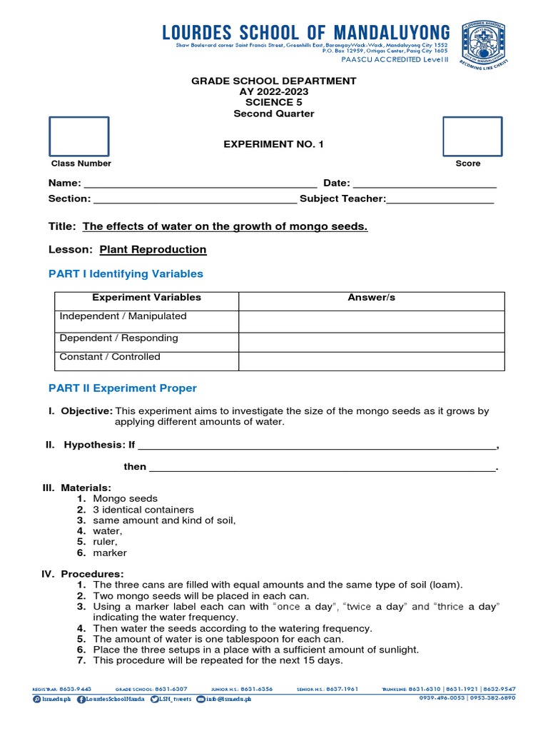 Experiment 1 2nd Quarter Science 5 Sy 2022 2023 | PDF | Experiment ...