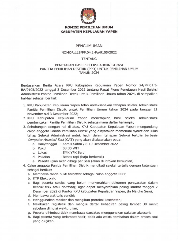Penetapan Hasil Seleksi Administrasi Panitia Pemilihan Distrik PPD Untuk Pemilihan Umum Tahun ...