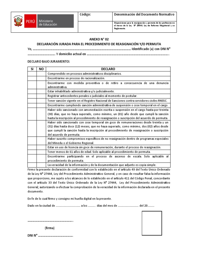 ANEXO #02 Declaracion Jurada para Reasignacion | Descargar gratis PDF | Justicia | Crimen y ...