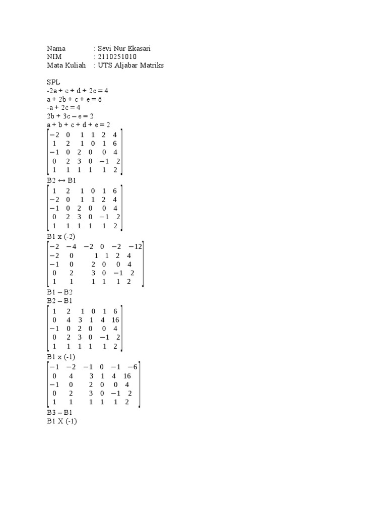 Matrix Algebra UTS Solutions | PDF