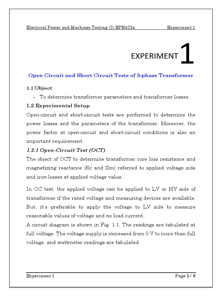 EPE423a Experiment 1 Transformer Tests | PDF | Transformer | Voltage