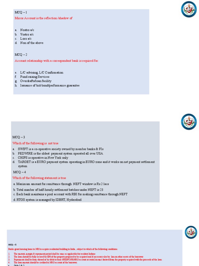 International Banking - Part 3 (MCQ) | PDF | Loans | Banks