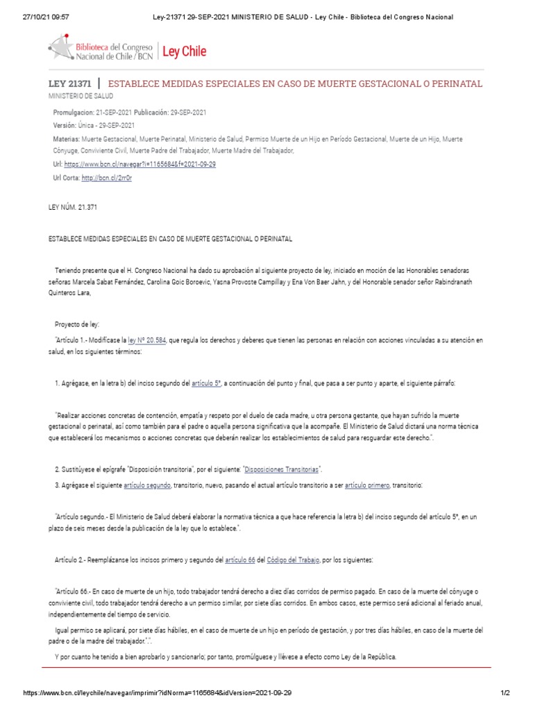 Ley 21371. Ley Dominga. Medidas Especiales en Caso de Muerte ...