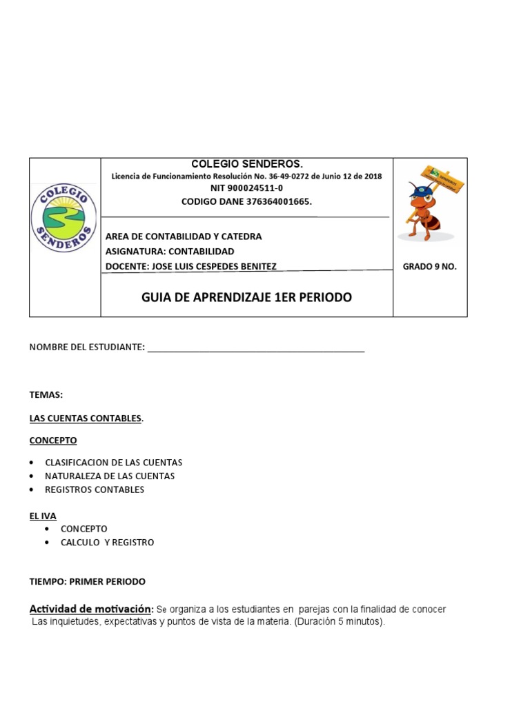 COLEGIO SENDEROS - GUIA APRENDIZAJE 1ER PERIODO GRADO 9no Ok | PDF ...