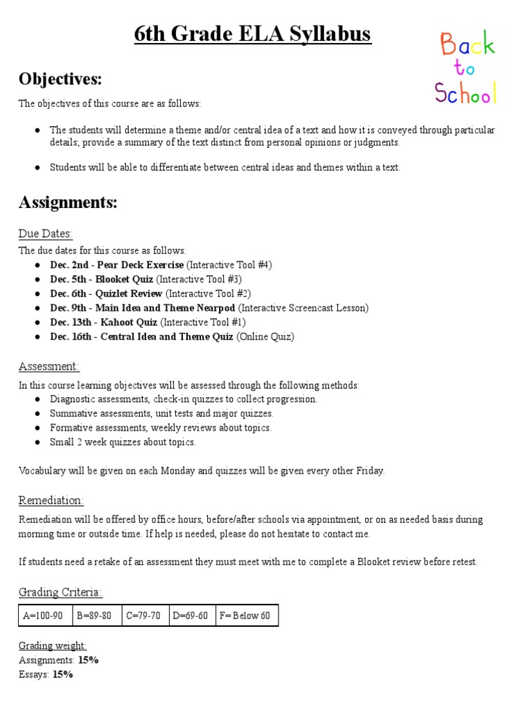 6th Grade ELA Syllabus - Mikayla Morris CORRECT | PDF
