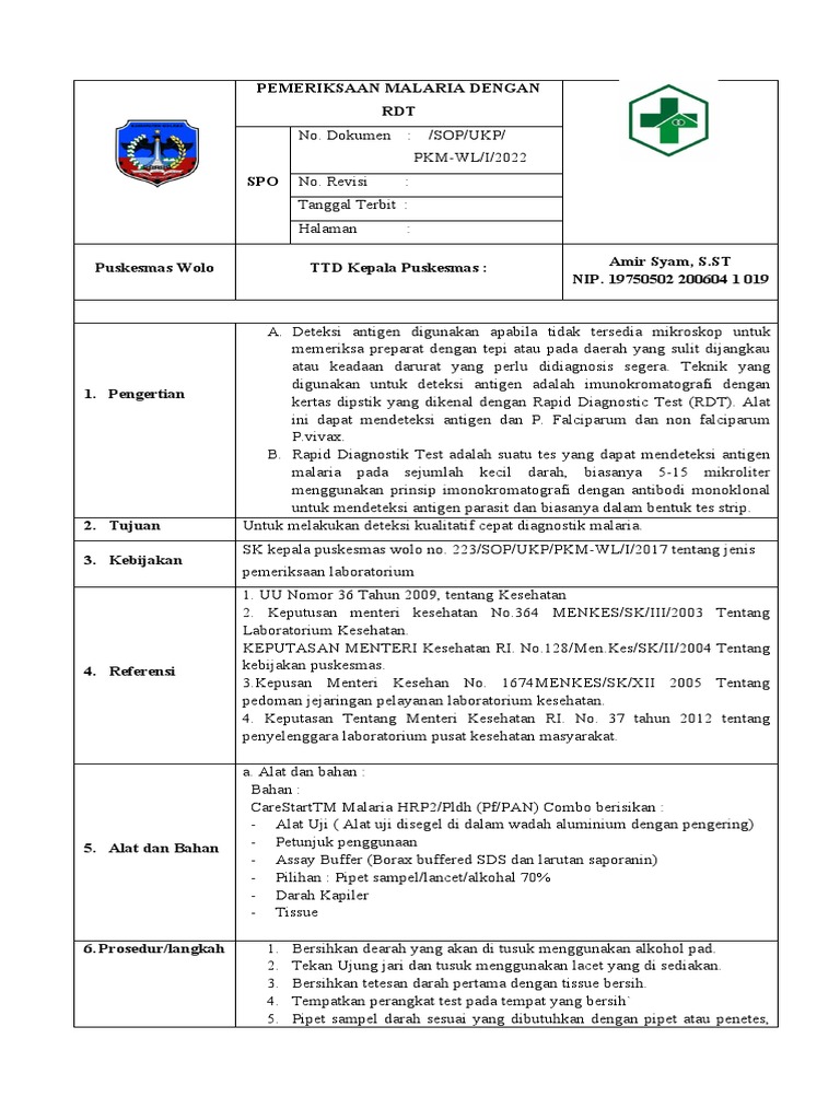 Sop Pemeriksaan Malaria Rdt Pdf