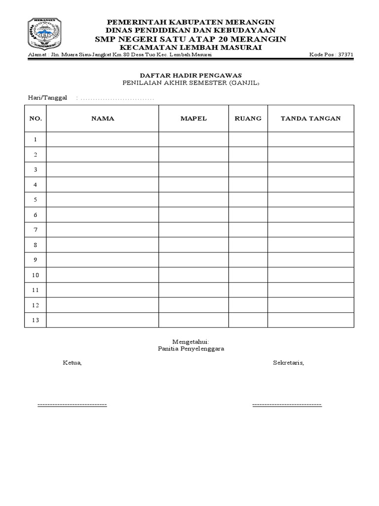 Daftar Hadir Pengawas | PDF