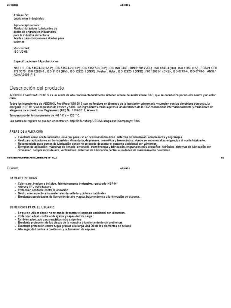 ADDINOL- FoodProof_UNI_..._S_GB-ESPAÑOL | PDF | Lubricante | Engranaje