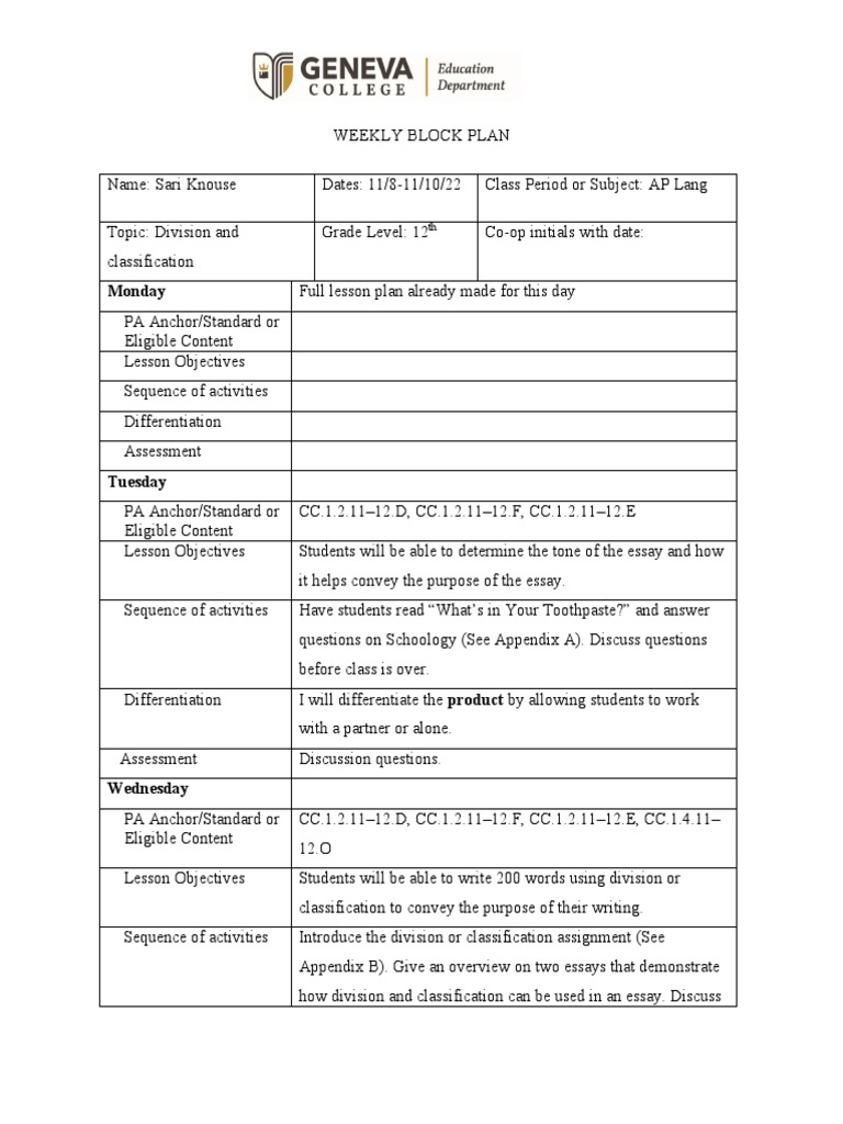 Ap Lang Week 4 Division and Classification | PDF | Essays | Lesson Plan