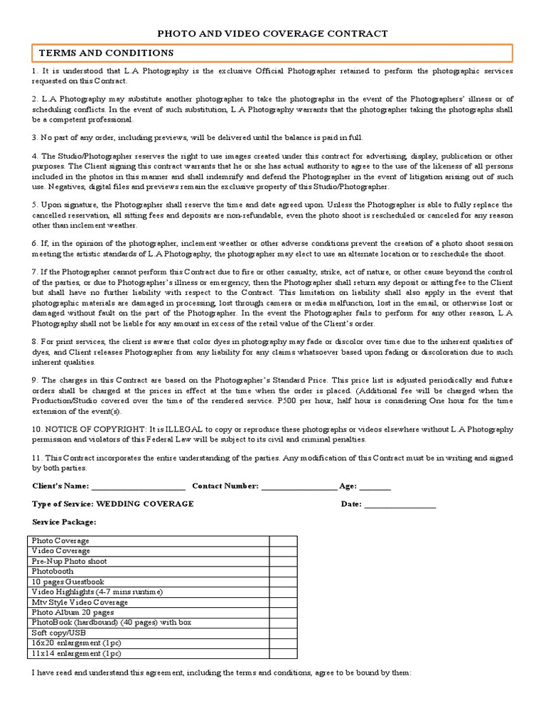 Photo and Video Coverage Contract | PDF | Photographer | Legal Liability