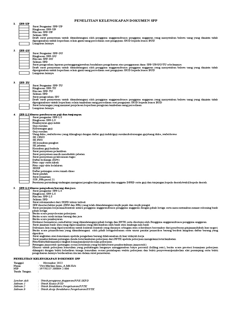 Checklist PENELITIAN KELENGKAPAN DOKUMEN SPP | PDF