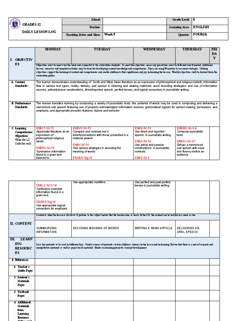 DLL Eng8 4thQ Week 9 | PDF | Learning | Curriculum