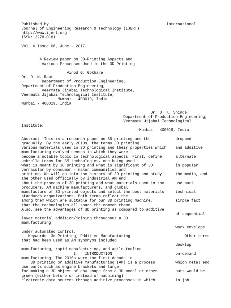 3d Printing Research Paper Various Aspects Pdf Pdf 3 D Printing