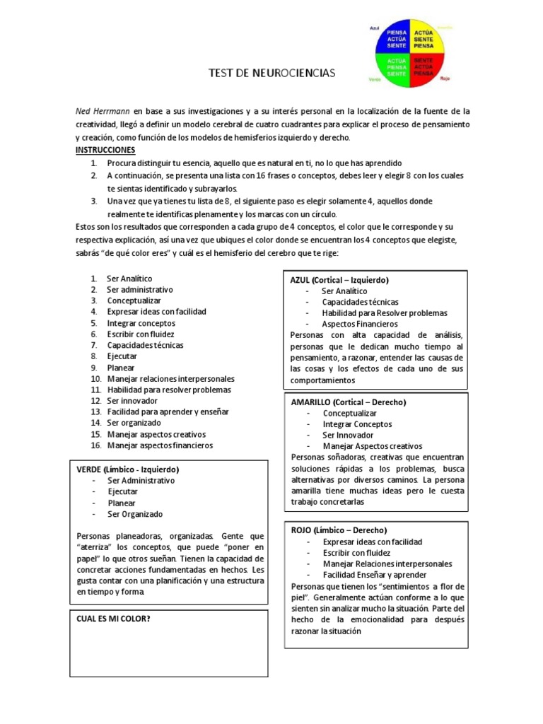 Test de Colores Ned Herrmann - Mayo 2021 | Descargar gratis PDF ...