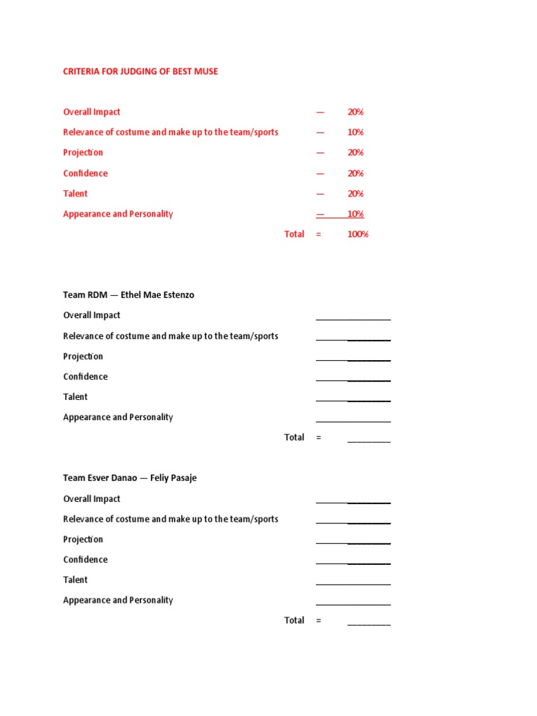 Criteria for judging best muse teams | PDF