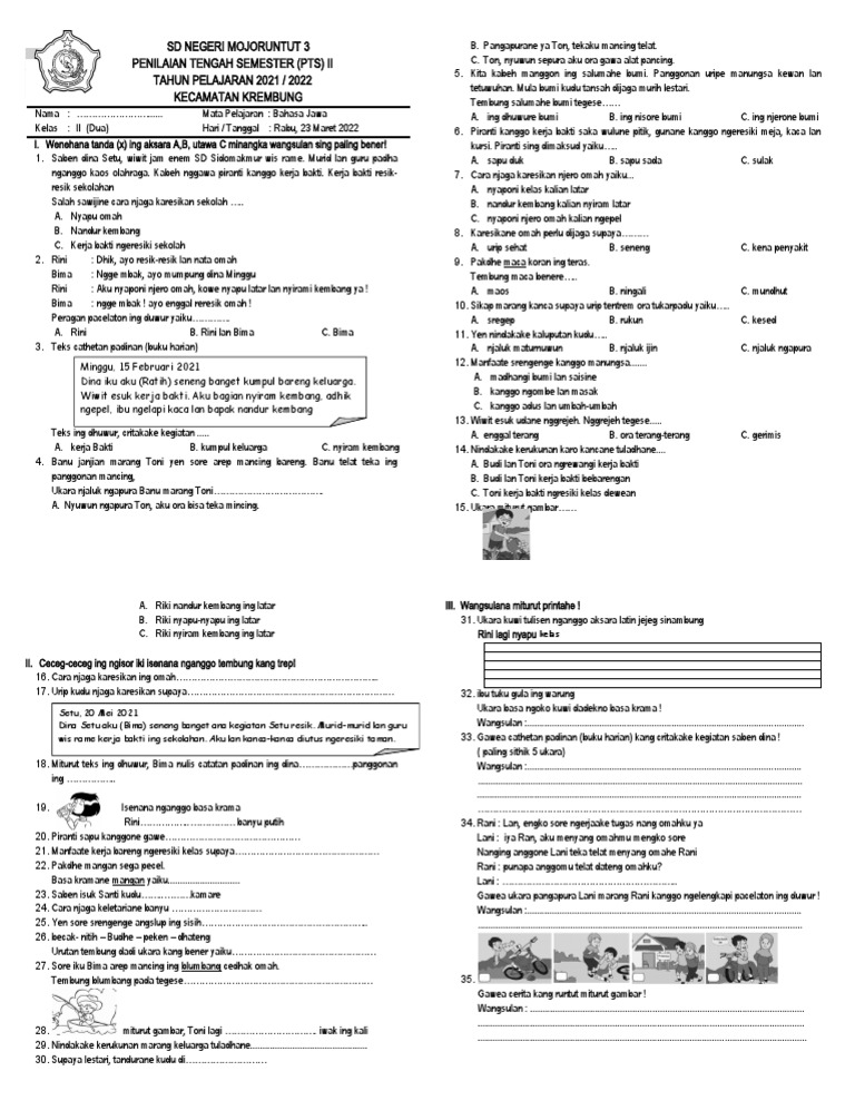 Soal PTS Ii B.jawa KLS 2 2022 | PDF