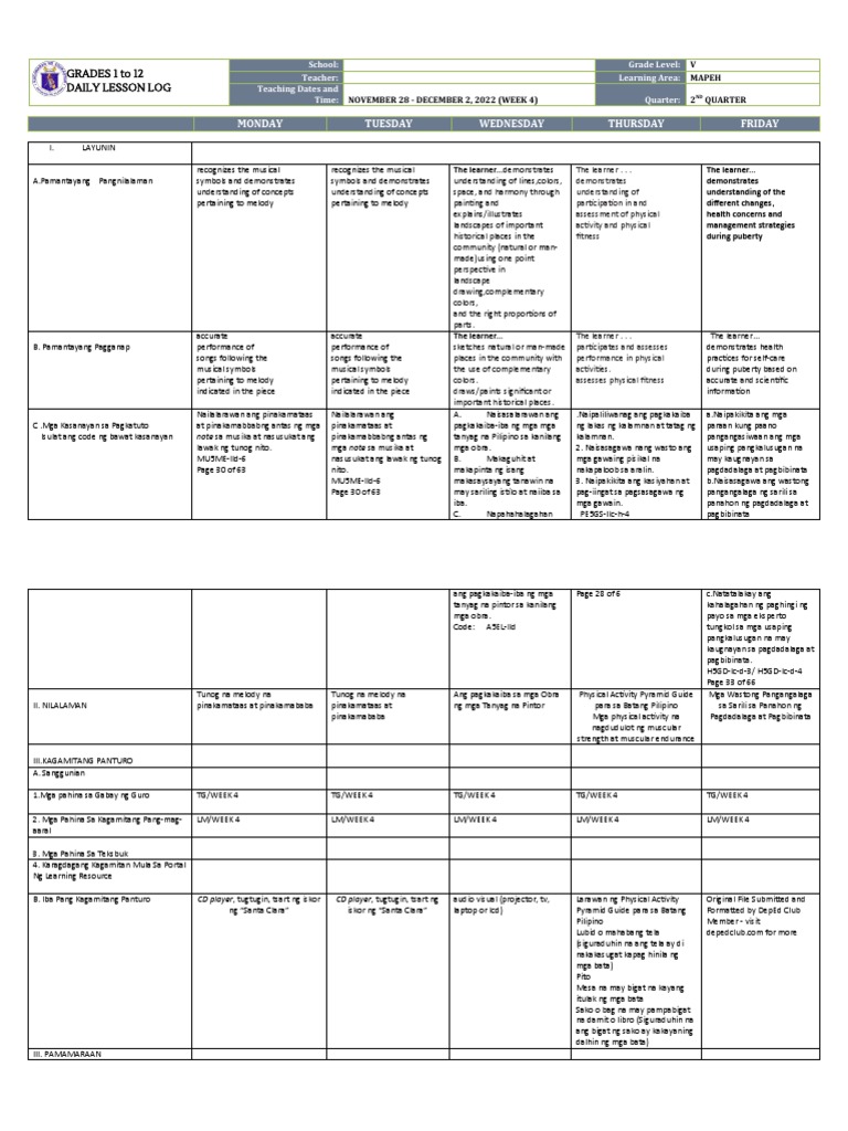 DLL - Mapeh 5 - Q2 - W4 | PDF | Learning | Behavior Modification