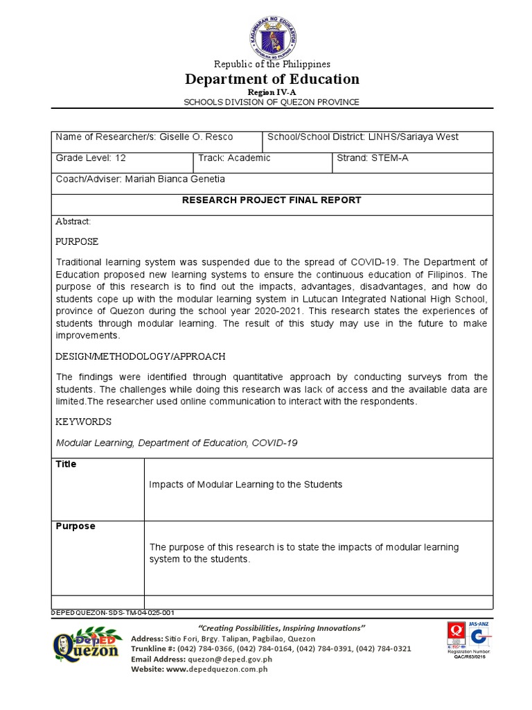 Impacts of Modular Learning To The Students | PDF | Distance Education