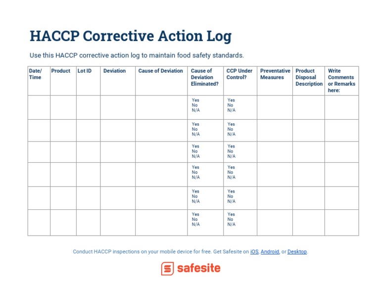 HACCP Corrective Action Log | PDF | Safety | Food And Drink