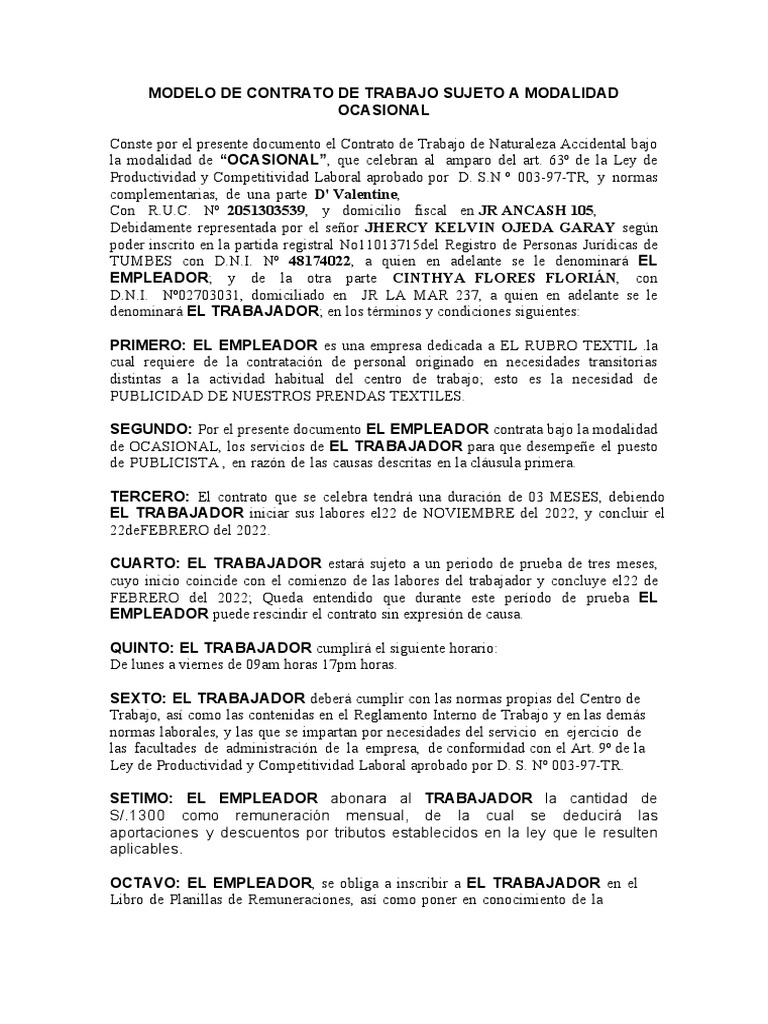 Contrato Ocasional | PDF | Derecho laboral | Estatuto