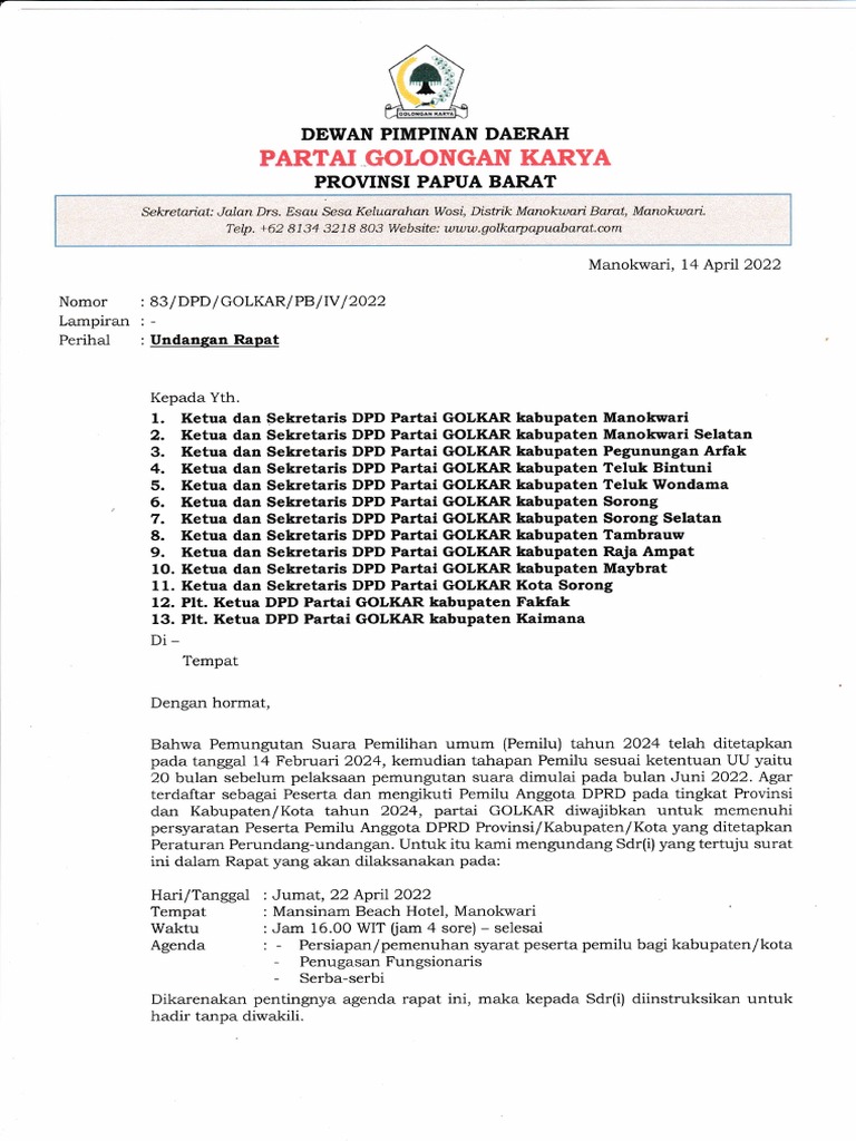 Undangan Rapat Partai Golkar Papua Barat | PDF