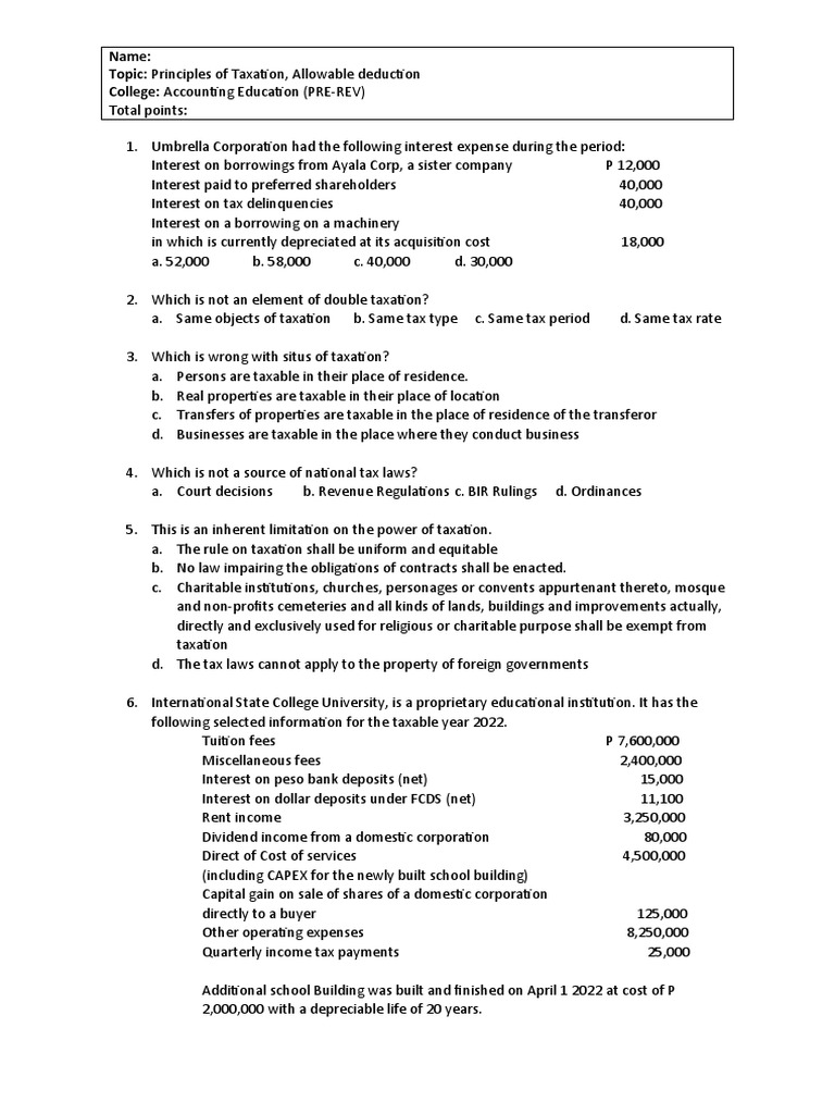 Princples - Allowable Deduction Drill (20 Items) | PDF | Taxes | Tax Deduction