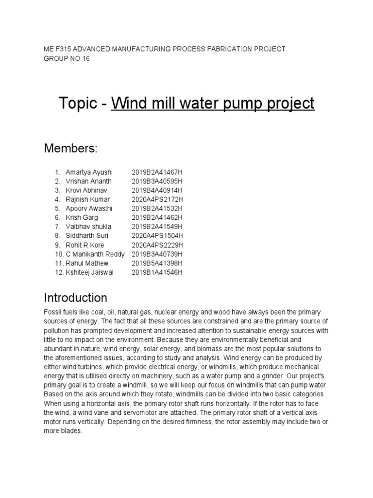 Group 16 - Design of Wind Mill Water Pump Project | PDF | Wind Turbine ...
