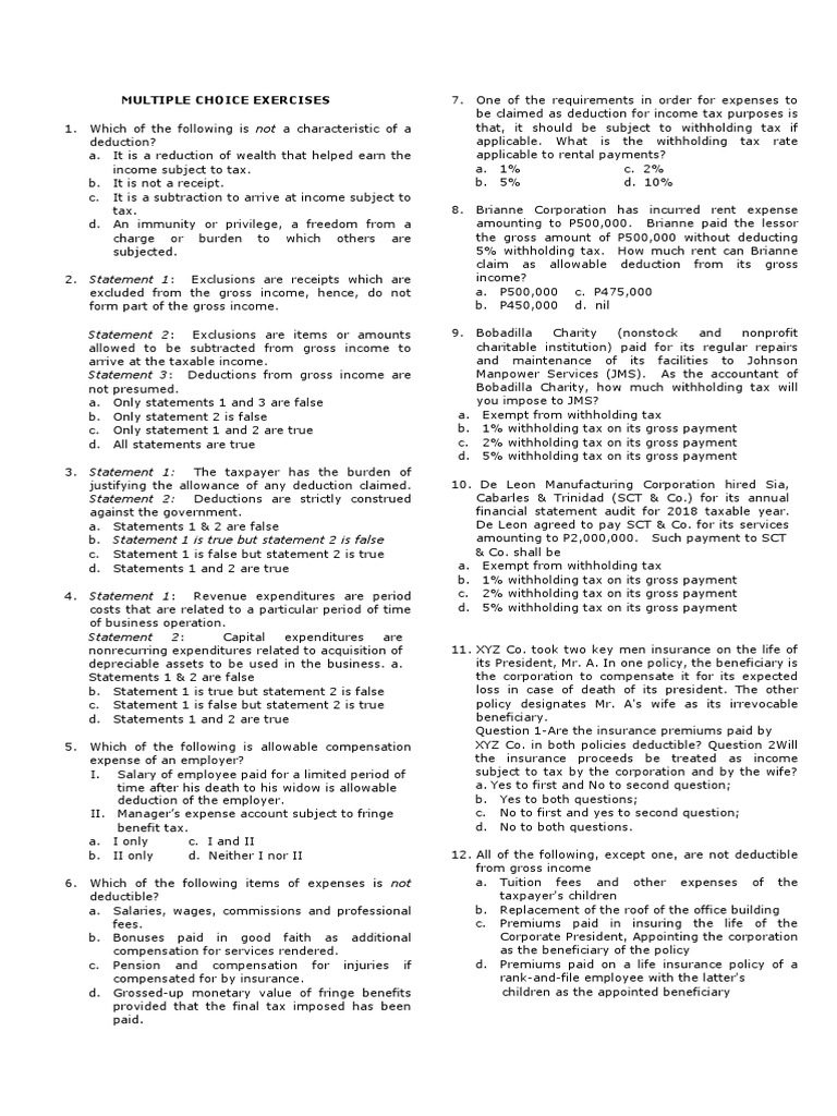 Deductions From Gross Income Quiz | PDF | Tax Deduction | Expense