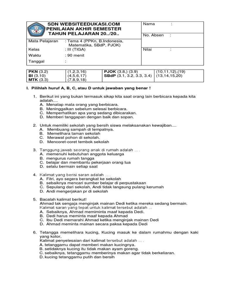 Soal Pas Kelas 3 Tema 4 | PDF