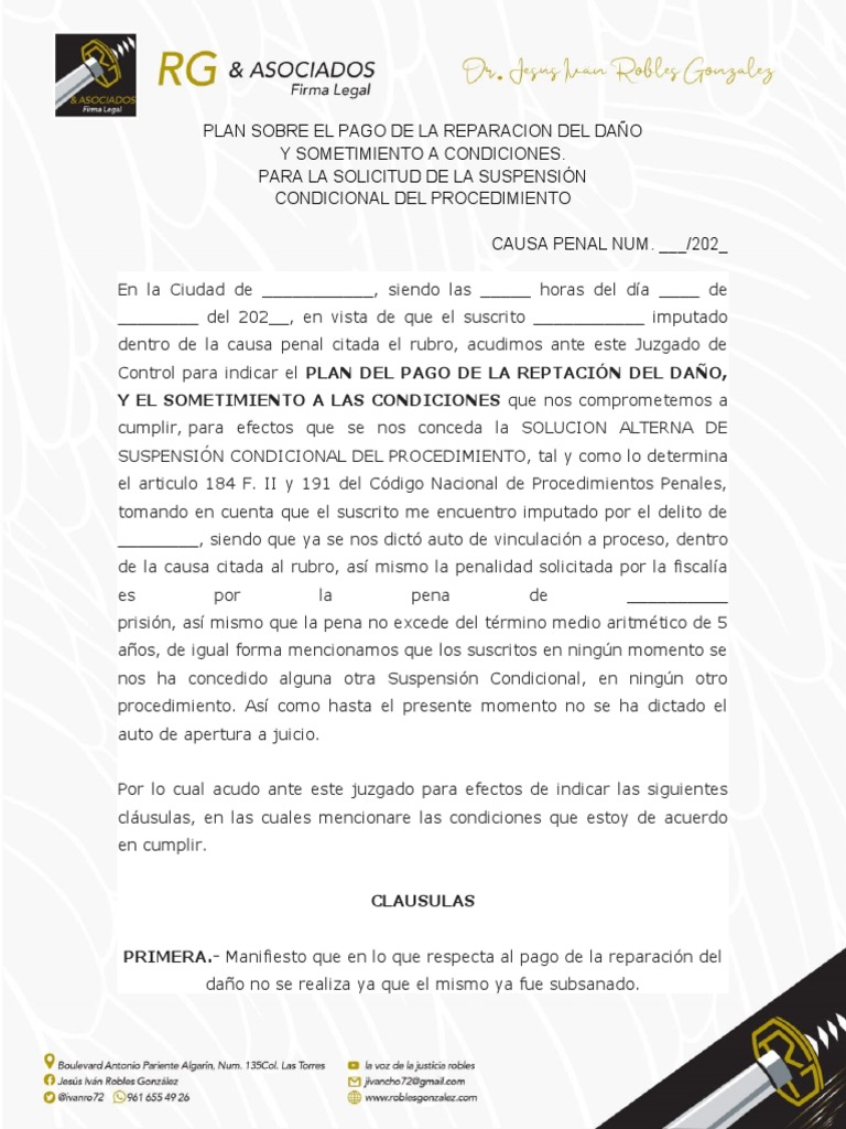 Plan de cumplimiento de condiciones y reparación de daños para solicitar suspensión condicional ...