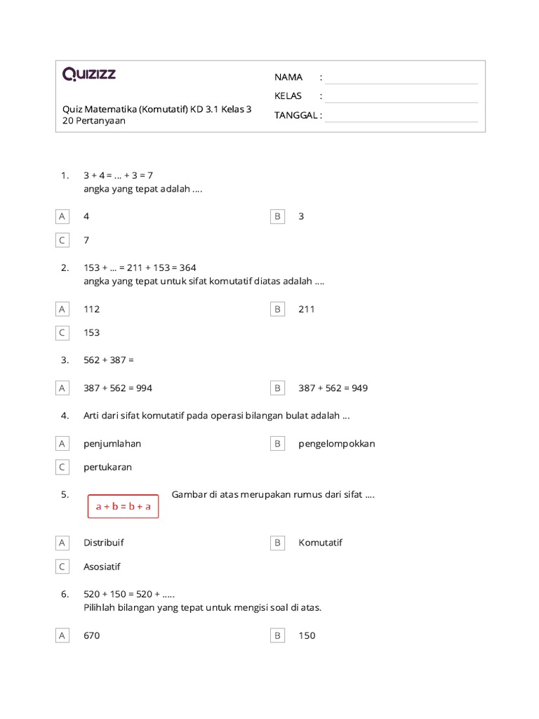 Quiz Matematika (Komutatif) KD 3.1 Kelas 3 | PDF