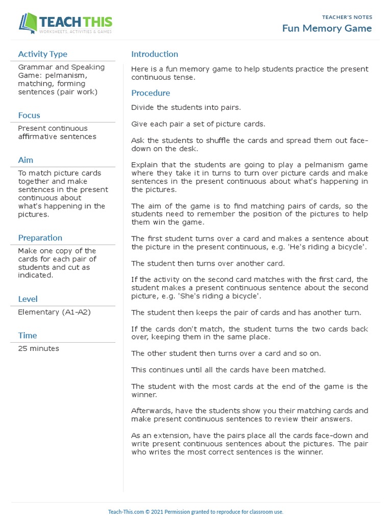 Fun Memory Game | PDF | Classroom | Cognition