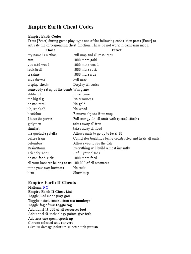 Empire Earth Cheat Codes Guide | PDF
