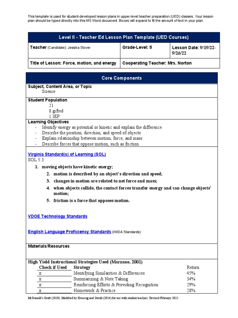 Force Motion and Energy Lesson Plan | PDF | Force | Friction