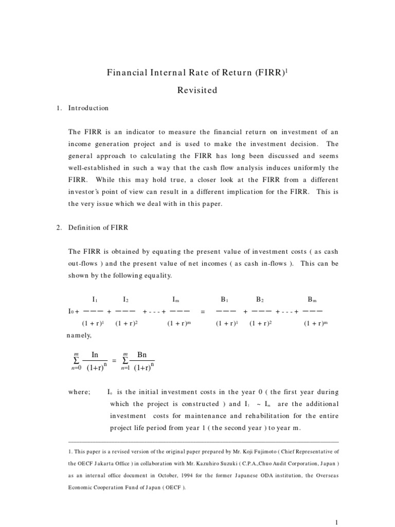 Financial Internal Rate of Return (FIRR) Revisited : R) (1 in R) (1 BN ...