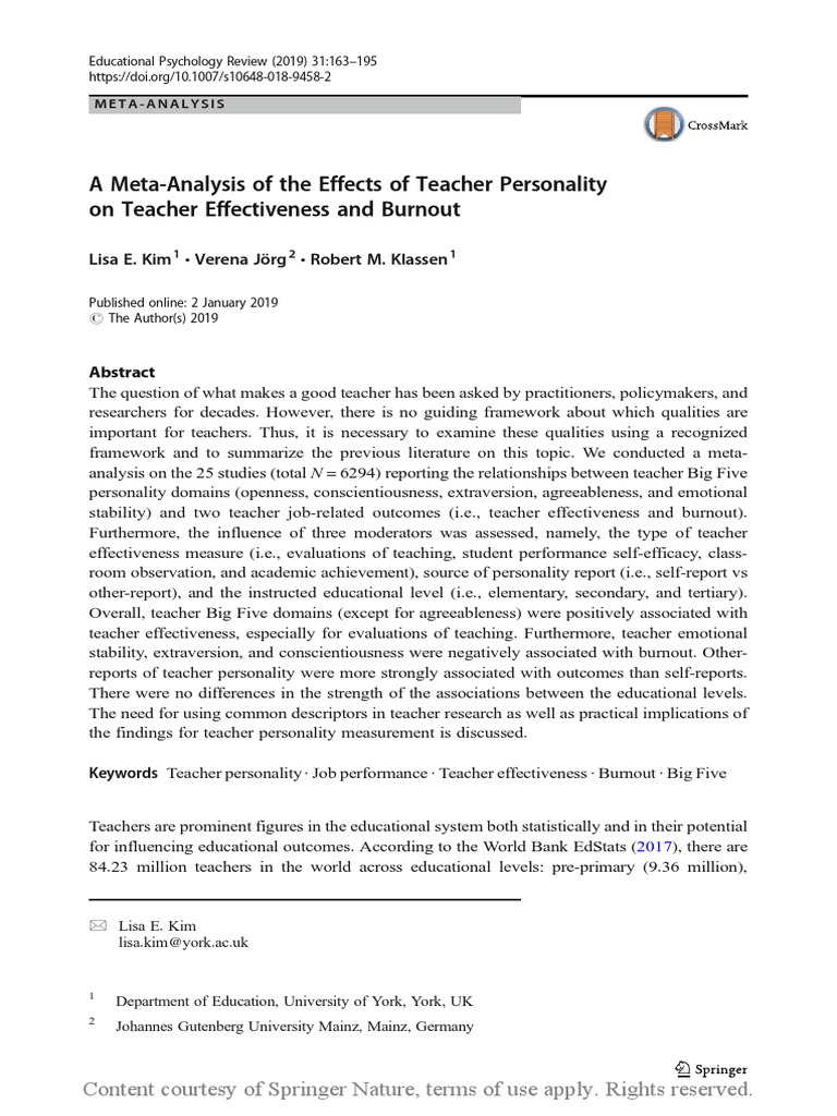 A Meta-Analysis of The Effects of Teacher Personal | PDF | Teachers ...