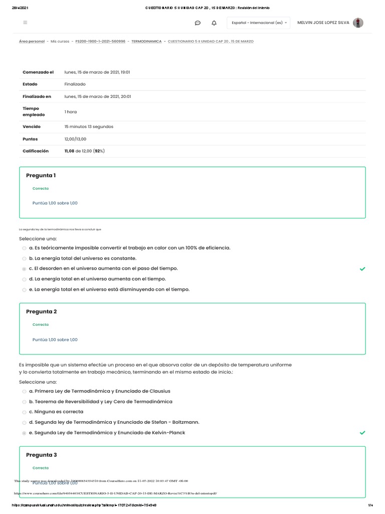 Cuestionario 5 II Unidad Cap 20 15 de Marzo Revisi N Del Intento PDF | PDF | Entropía ...