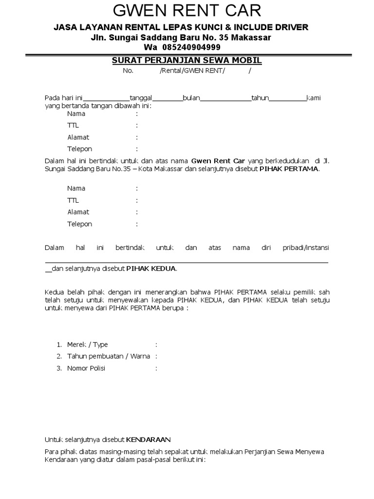 Surat Perjanjian Sewa Mobil 12121 | PDF