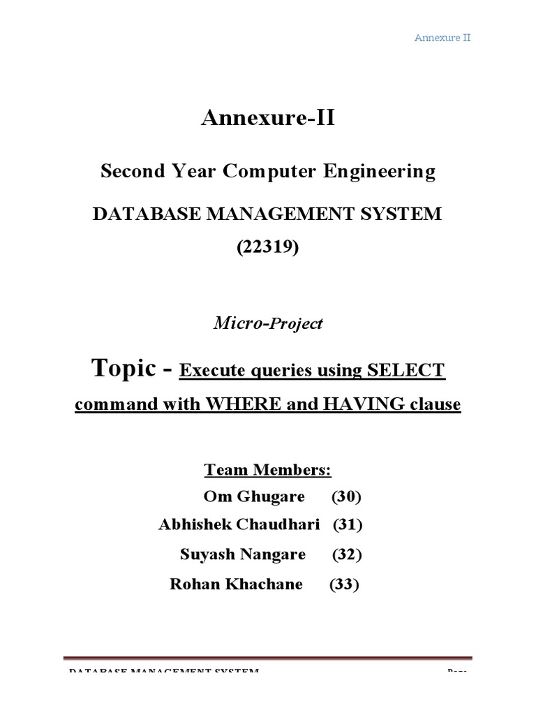 DMS Project (Execute Queries Using SELECT - Command With WHERE and HAVING Clause) | PDF ...
