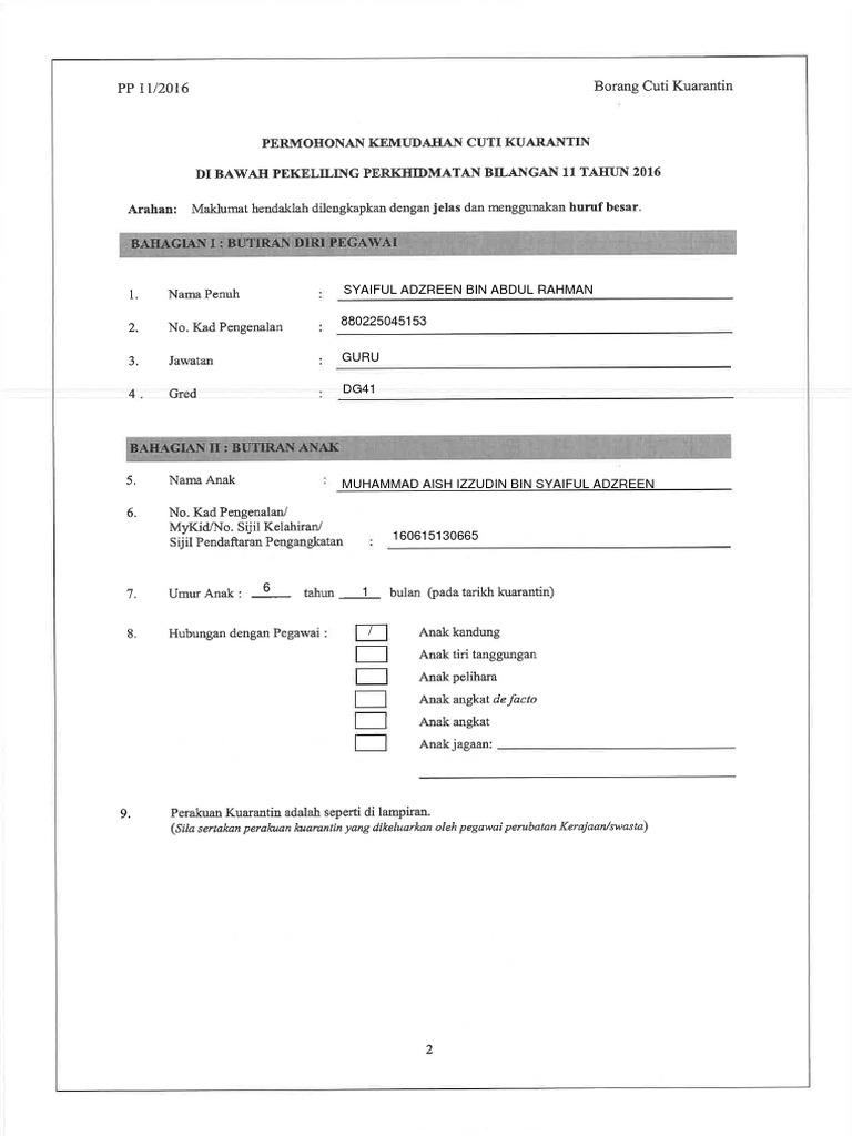 Cuti-Borang-Cuti-Kuarantin-Anak HFMD | PDF